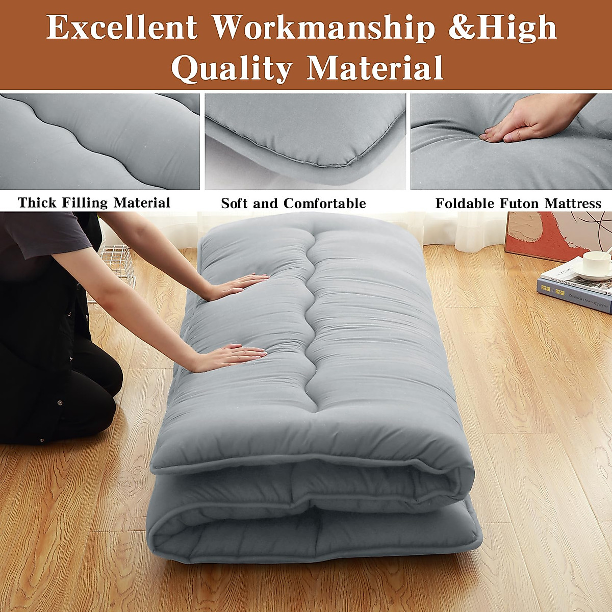 ROYGROW Japanese Futon Mattress Full Size, Floor Mattress for Adults Japanese Futon Floor Mattress Foldable Mattress Sleeping Mattress for Floor, Tatami Mat, Camping Mattress Pad, Wave Grey