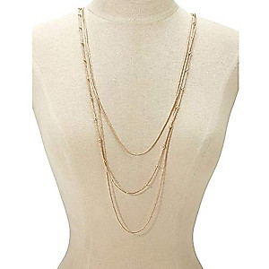 COLORFUL BLING Multilayer Choker Long Chain Tassel Pendant Necklace for Women Beads Necklace Long Bar Charm Chain Jewelry (A Gold three layer)