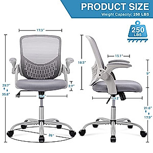 JHK Ergonomic Computer Mesh Home Office Desk Armrests, Rolling Swivel Chair with Lumbar Support Height Adjustable, Grey, Flip-up Arms