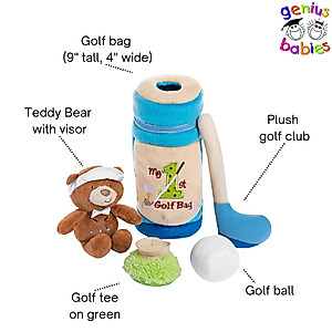 Genius Baby - 9" The Original Baby Golf Bag with Teddy Bear, Blue Bag Embroidered with 'My 1st Golf Bag', Lightweight, Perfect Size Golf Toy for Small Hands, Unique for Golf Baby