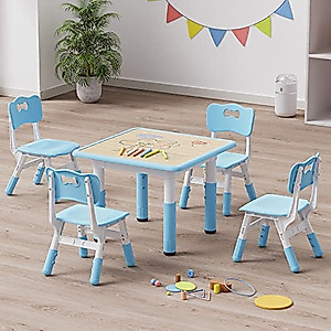 Brelley Toddler Table and Chairs Set for 4,Kids Study Table and Chair Set, Height-Adjustable, Graffiti Desktop, Children Activity Table for Daycare, Classroom, Home