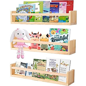 AZSKY Nursery Book Shelves 24 Inch Rustic Natural Wood Floating Shelves,Wall Book Shelves for Farmhouse,Bathroom Décor,Kitchen Spice Rack or Book Shelf Organizer for Home Décor,a Set of 3 Same Sizes