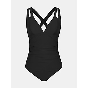 CUPSHE Women One Piece Swimsuit Deep V Neck Tummy Control Double Straps S Black