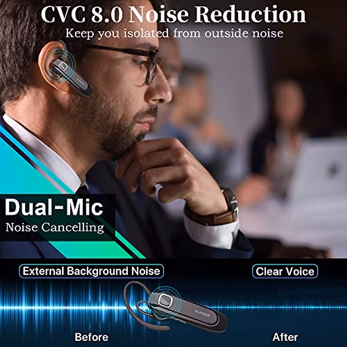 HIFEER Bluetooth Headset V5.0, Wireless Bluetooth Earpiece,Hands-Free with Built-in Mic for Driving/Business/Office,CVC8.0 Noise Cancelling Bluetooth Headphone for iPhone Android Samsung, Black