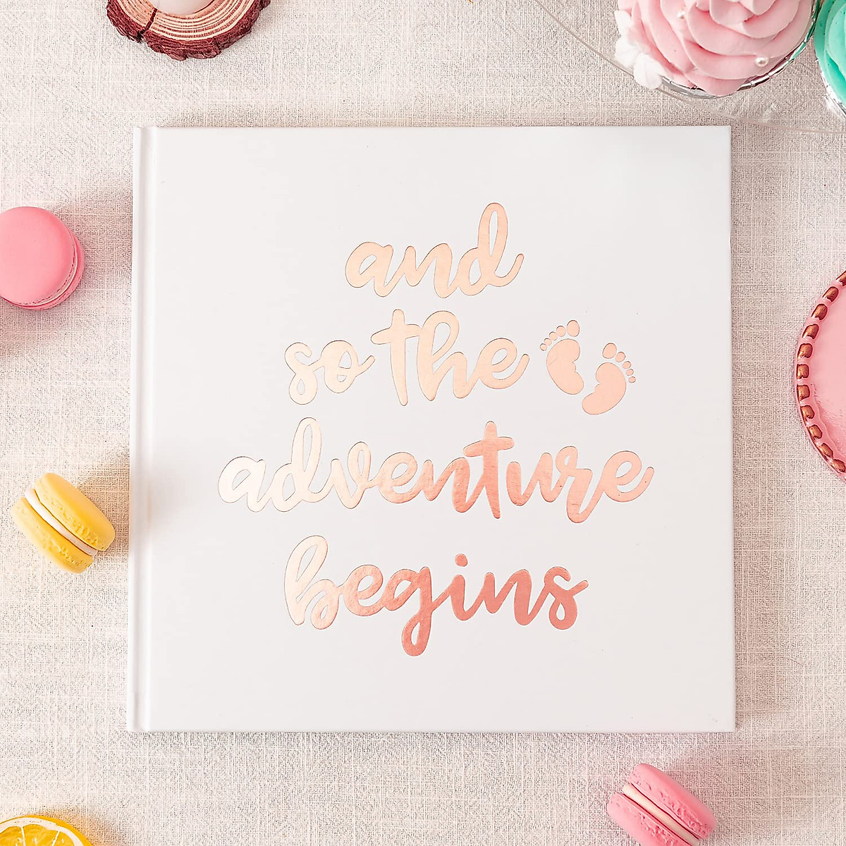 Calculs Polaroid Baby Shower Guest Book So The Adventure Begins Signature Bridal Party Picture Book Blank Pages for Instant Film 8.5” Square White Cover Rose Gold Stamping
