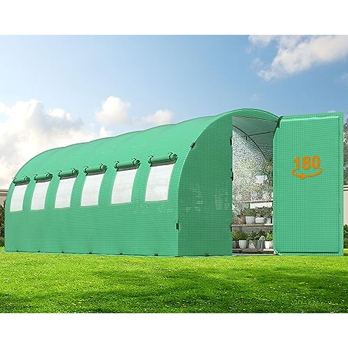 Papababe 20x10x7ft Large Walk-in Greenhouse for Outdoors with Watering System Upgraded Swing Door Tunnel Greenhouse kit,12 Windows, Ground Pegs & Film Clips, Heavy Duty Galvanized Steel Frame,Green