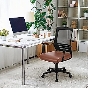 Yaheetech Ergonomic Home Office Chair Leather and Mesh Combine Desk Chair Rolling Swivel Adjustable Mesh Chair with Lumbar Support and Armrests for Office and Home, Brown