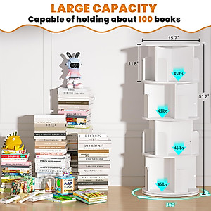 Besiost Rotating Bookshelf, Wood Corner Bookshelf, 360 Display Spinning Bookcase Storage Rack, 4 Tier Floor Standing Revolving Bookcase Narrow Book Shelf Organizer for Small Space, Bedroom, White