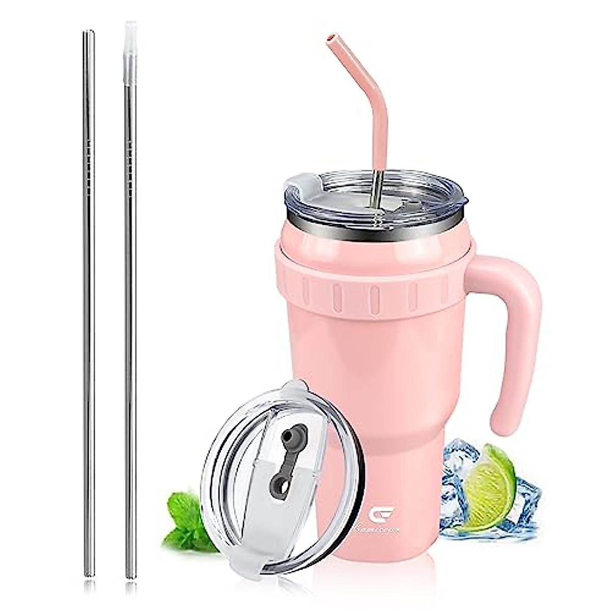 Camicour 40 Oz Tumbler With Handle Insulated Travel Mug With Straw，Reusable Stainless Steel Water Bottle Travel Mug Iced Coffee Cup，Keeps Drinks Cold Up To 34 Hours Or Hot For 12 Hours (Pink)