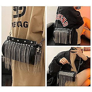 Primila Rhinestone Crossbody Handbag Clutch Fringe Rhinestone Purse Top Handle Rivet Tote Shoulder Punk Party Club Bag (Black,Small)
