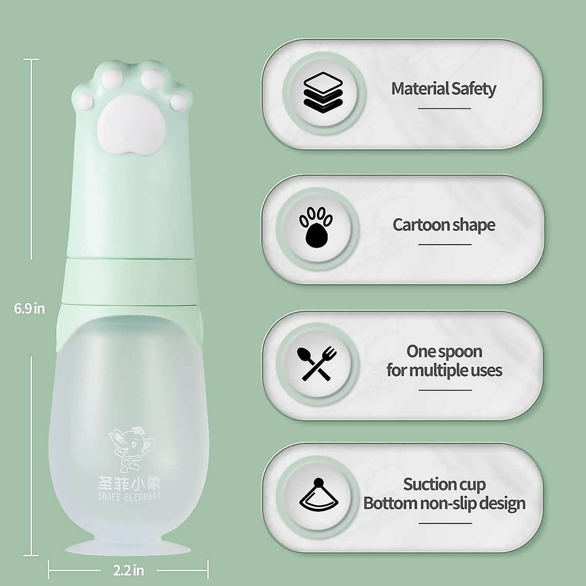 SANFE ELEPHANT Baby Spoons, Silicone Baby Food Dispensing Spoon, Squeeze Feeding Spoon with Cartoon Dust Cover, 4 oz. (Green)