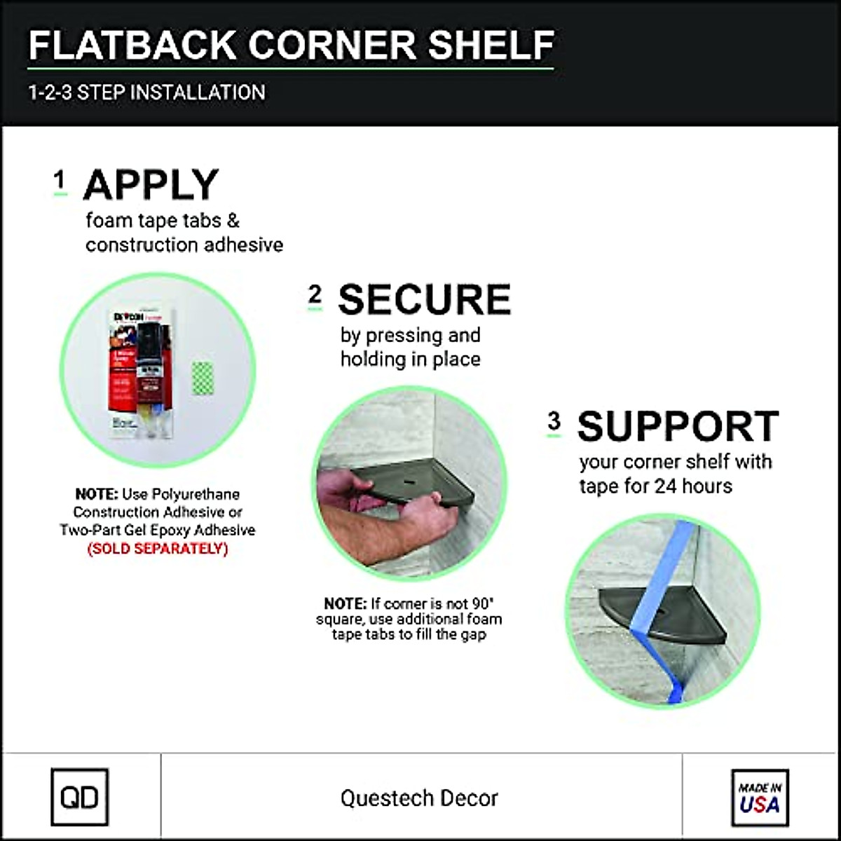 Questech Décor 10 Inch Corner Shower Shelf Bathroom Caddy, Wall Mounted Corner Shower Shelf, Retrofit Shelf for Tiled Shower Walls, Bathroom Corner Shelf, 10 Inch Metro Flatback, Cool Gray Polished