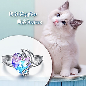 AOBOCO Cat Ring for Women Sterling Silver Cute Cat Kitty Ring with Purple Heart Crystal from Austria, Cat Jewelry Gifts for Cat Lover Size 6