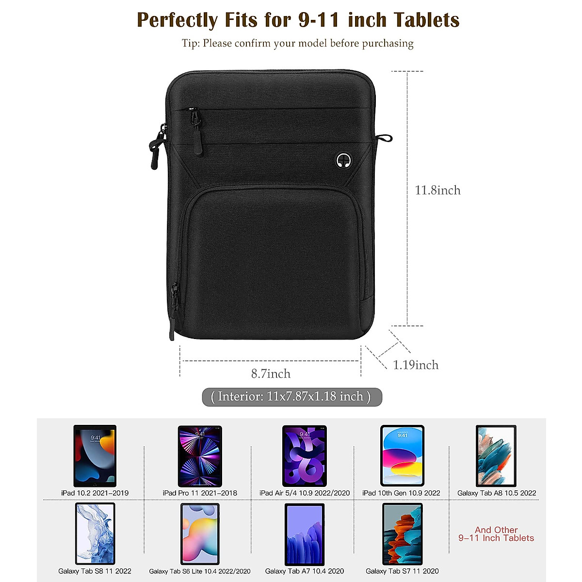 Dadanism 9-11" Tablet Sleeve Bag for iPad Air 5/4 10.9, iPad Air 11" 2024, iPad 9/8/7th 10.2, iPad 10th Gen 10.9, iPad Pro 11 M4 M2 2024-2018, Galaxy Tab A9+ S9 FE A8, with Shoulder Strap, Black