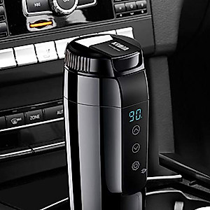 12V Car Travel Electric Kettle, Car Heating Mug with Anti-Spill Lid, Portable Coffee Travel Cup 20℃~90℃ Variable Temperature Control Kettle for Tea/Milk, 304 Stainless Steel Bottle, 70W Quick Heating