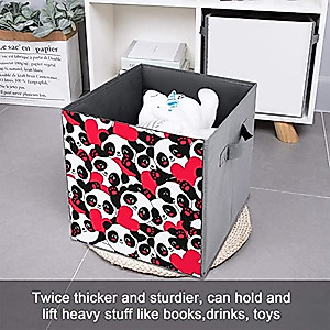 Seamless Panda Heart PU Leather Collapsible Storage Bins Canvas Cube Organizer Basket with Handles