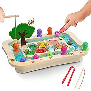 SmileBank Wooden Montessori Toys for 3 4 5 Year Old, Toddler Toys Educational Learning Toys Magnetic Fishing Game Bee Color Sorting Fine Motor Skills Toys Gifts for 3 4 5 6 Year Old Boys Girls