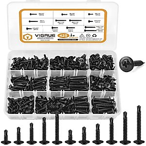 VIGRUE 425PCS #8#10 Black Self Tapping Screws for Metal, 425PCS (410) Stainless Steel Modified Truss Head Sheet Metal Self Drilling Screws Assortment Kit, Black Oxide, Length 1/2" to 1-1/2''