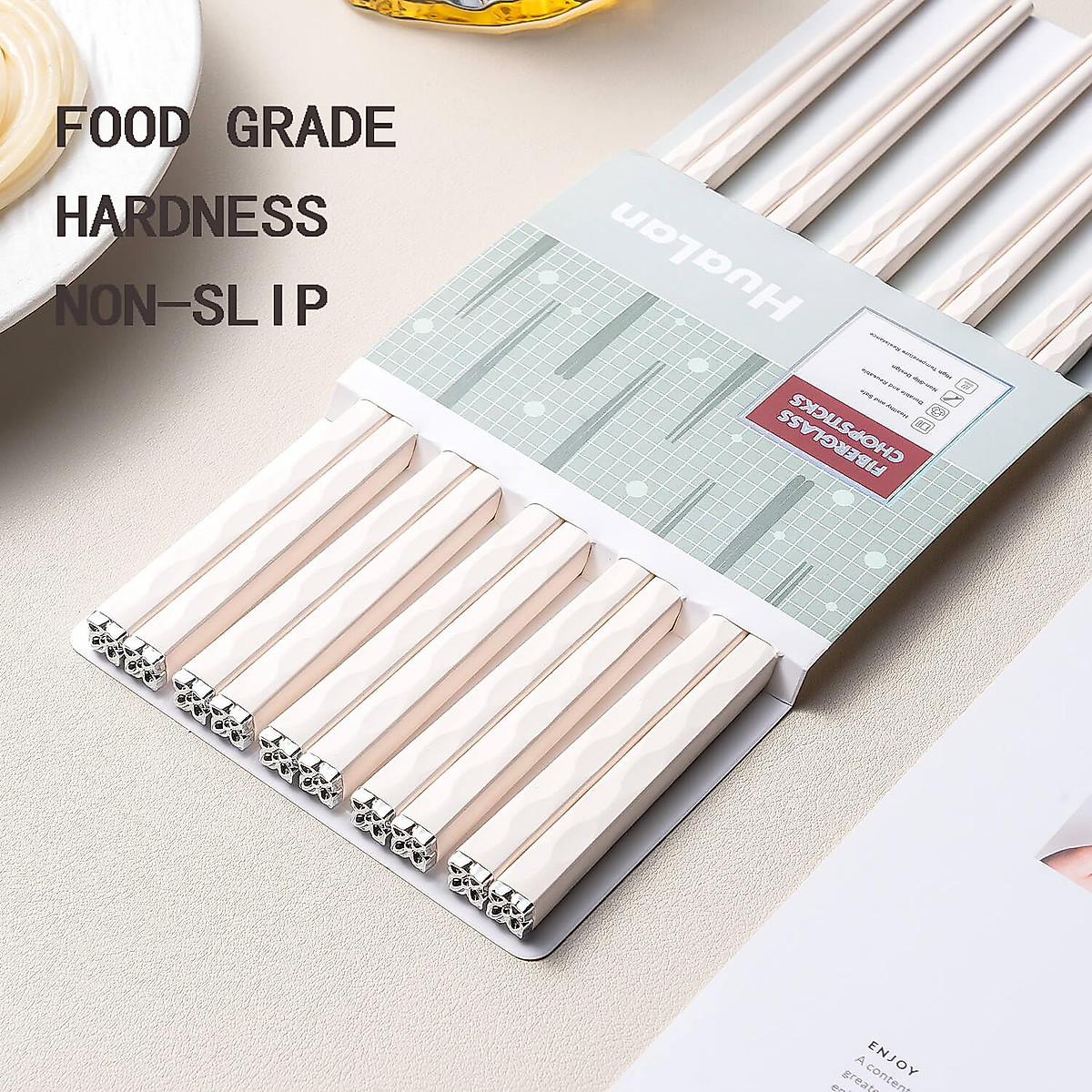 HuaLan 5 Pairs Fiberglass Chopsticks, Reusable Chopsticks Dishwasher Safe, Lightweight Chop Sticks,Japanese Chinese Chopsticks Sets,Non-Slip, 9 1/2 inches,Ivory White