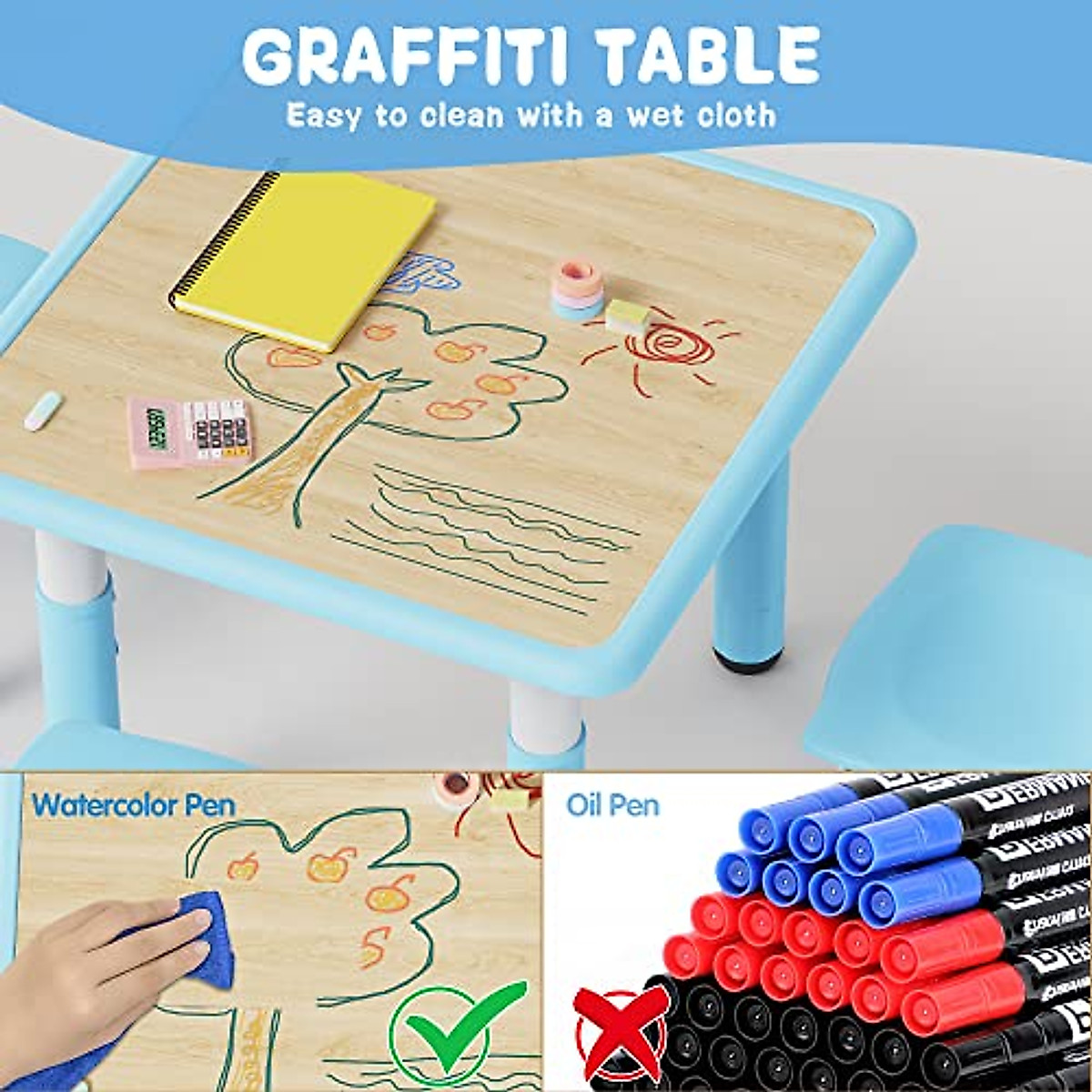 Brelley Toddler Table and Chairs Set for 4,Kids Study Table and Chair Set, Height-Adjustable, Graffiti Desktop, Children Activity Table for Daycare, Classroom, Home