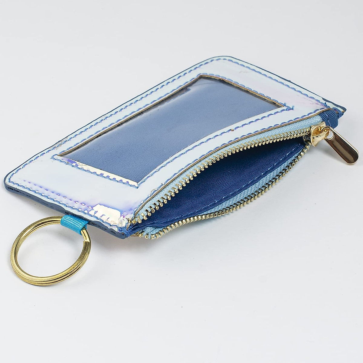 Women's Glitter Zip Id Case Bling Wallet (Hologram Blue)