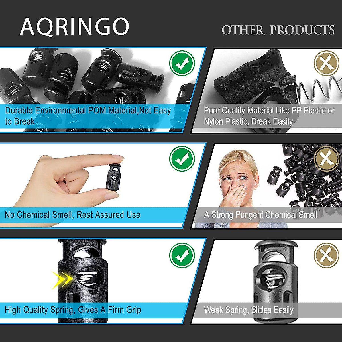 AQRINGO Plastic Cord Locks Upgraded Single Hole Spring Toggle Stopper Cord Stops Fastener Toggles for Shoelaces, Drawstrings, Paracord, Bags, Clothing, and More (10Pcs, Black)