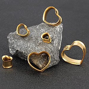 Casvort 4 PCS 12mm (1/2'') Hypoallergenic 316 Stainless Steel Gold Cute Heart Double Flared Ear Gauges Plugs Ear Tunnels Saddle Plugs Body Piercing Jewelry