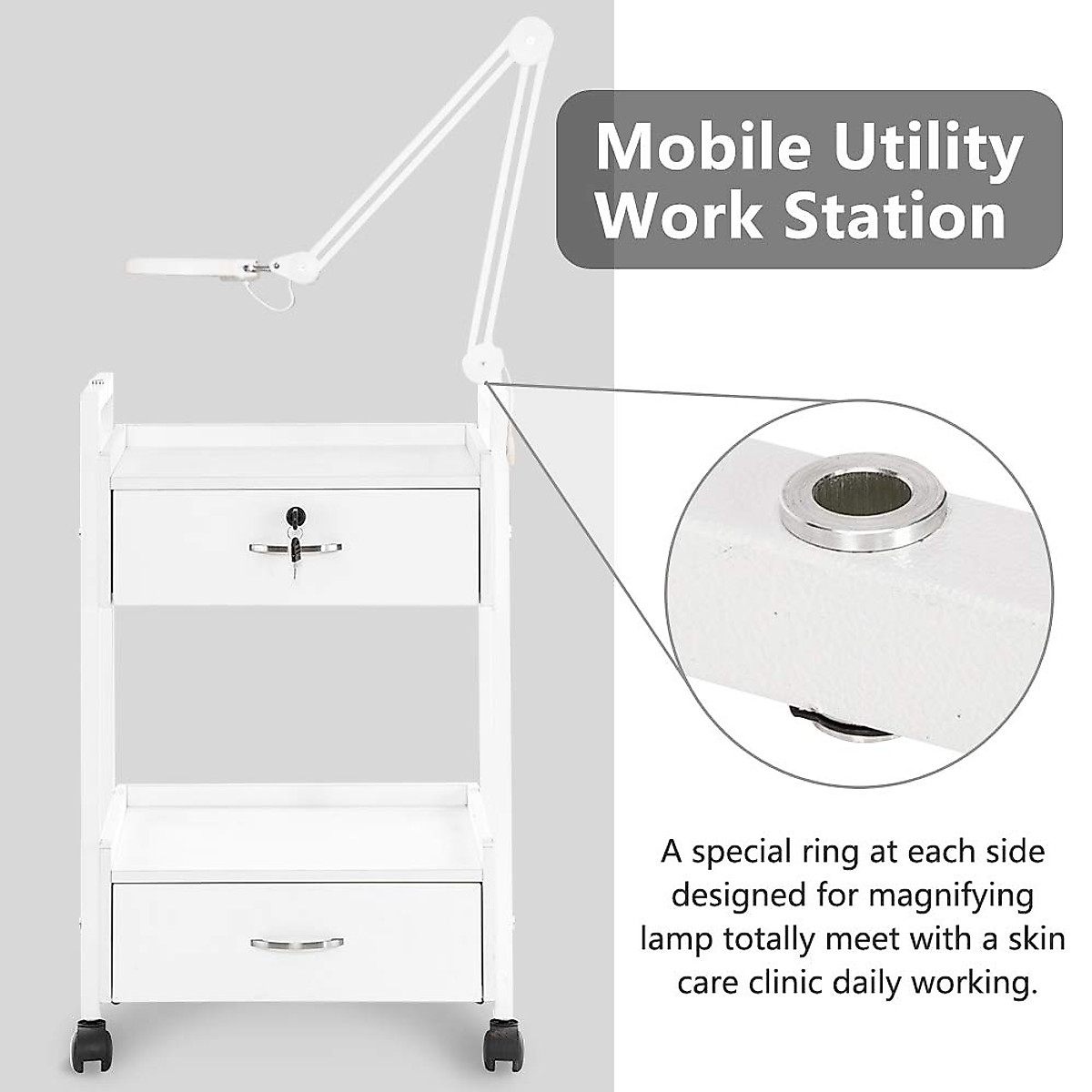 Salon Trolley Cart for Beauty SPA, Wooden Rolling Storage Station, White Mobile Utility Cabinet with 2 Drawers 1 Lockable, Medical Esthetic Supply Holder for Massage Tattoo Facials