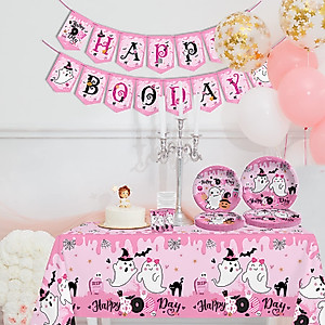 142Pcs Halloween Party Tableware Decorations Happy Boo Day Tableware Set Pink Halloween Ghost Party Supplies Halloween Birthday Tableware Plates Napkins Cups Banner for Kids …