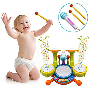 Drum Set for Kids with 2 Drum Sticks and Microphone, Musical Toys Gift for Toddlers… (Green)