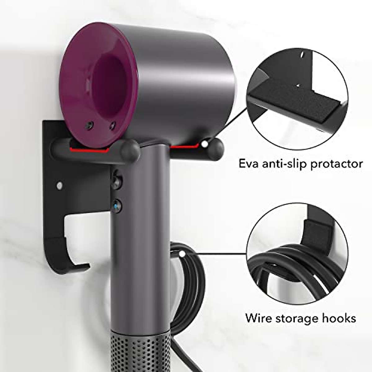 Hair Dryer Holder for Supersonic, with 4 Magnet Ring for Attachments Accessory Storage, with Wire Organization, Non-Slip Eva Protector, Black, Wall Mounted, Adhesive/Drilling