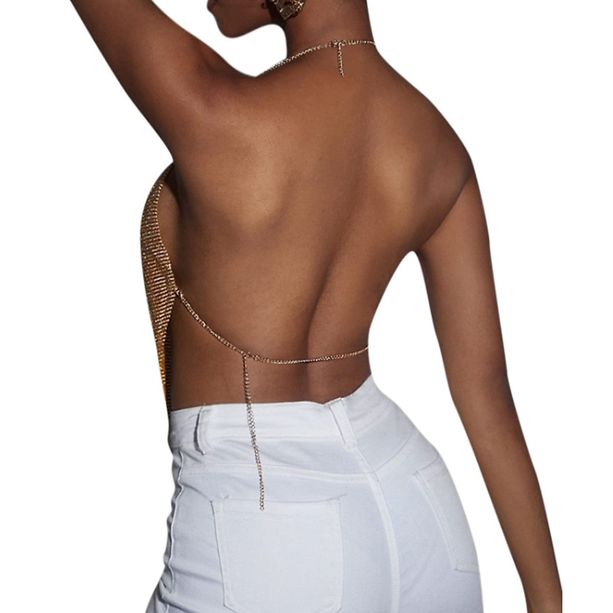 RARITYUS Women Sexy Shiny Rhinestone Tank Top Deep V Neck Chain Crop Top Shirt for Night Club Party Rave Outfit (Beige)