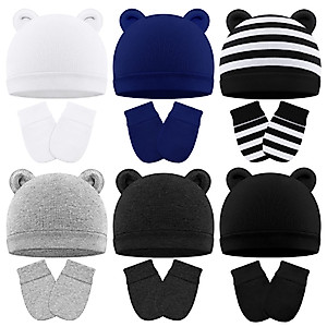 URATOT 6 Sets Newborn Baby Hats Mittens Sets Unisex Cotton Bear Ears Infant Caps Beanie Hat No Scratch Mittens for 0-3 Months
