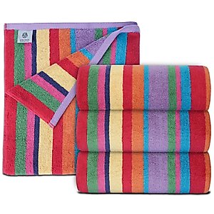 White Classic Cotton Beach Towels Oversized 30 x 60 Inches, Ultra Absorbent and Low Lint Striped Pool Towels for Adults, Unique Rainbow Design Luxury Extra Large Bath Towels, 4 Pack