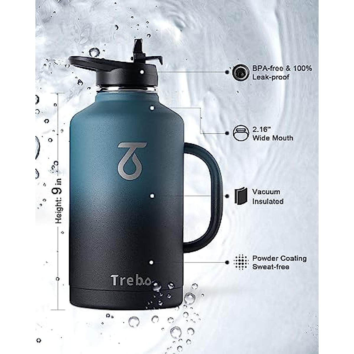 Trebo 64 oz Water Bottle Insulated with Handle, Half Gallon Stainless Steel Metal Large Jug,Travel Flask with Straw Spout Lid,Mug Tumbler Cup with Carry Pouch,Keep Cold Hot, Indigo Black