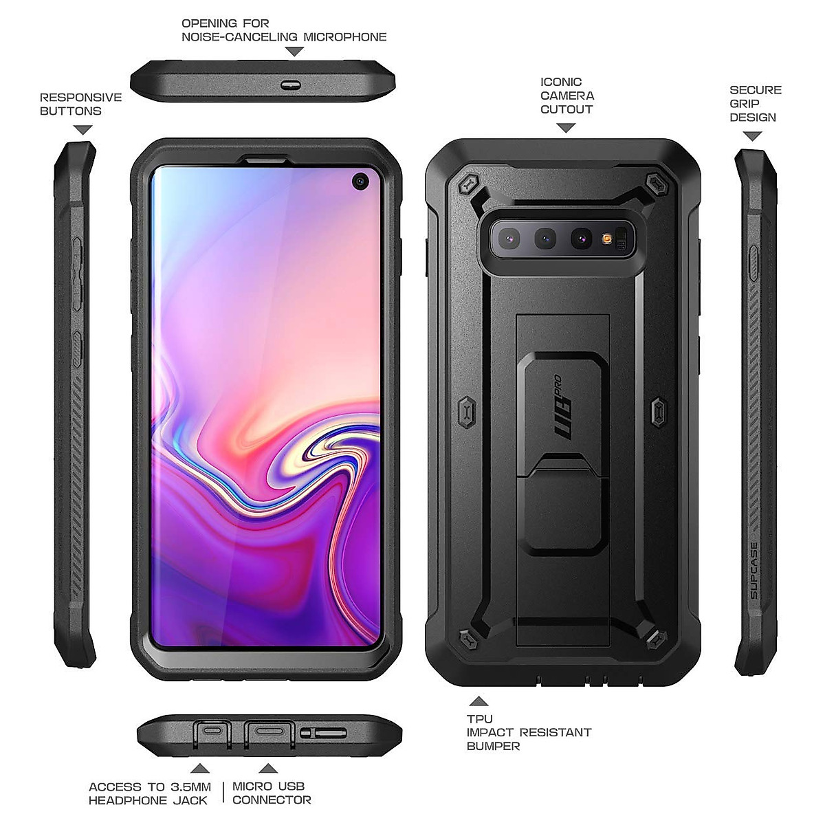 SUPCASE for Samsung Galaxy S10 Case with Satnd (Unicorn Beetle Pro), [Built-in Belt Clip] Heavy Duty Shockproof Rugged Protective Phone Case Without Built-in Screen Protector for Galaxy S10, Black