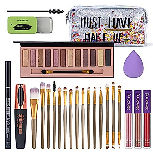 All in One Makeup Set For Women Full Kit - 12 Colors Nude Eyeshadow Palette, Waterproof Black Mascara Eyeliner Pen, 3pcs Matte Liquid Lipstick Set, Eyebrow Soap Gel Kit, 12 pcs Brushes Set Makeup Sponge with Makeup Bag Gift Set
