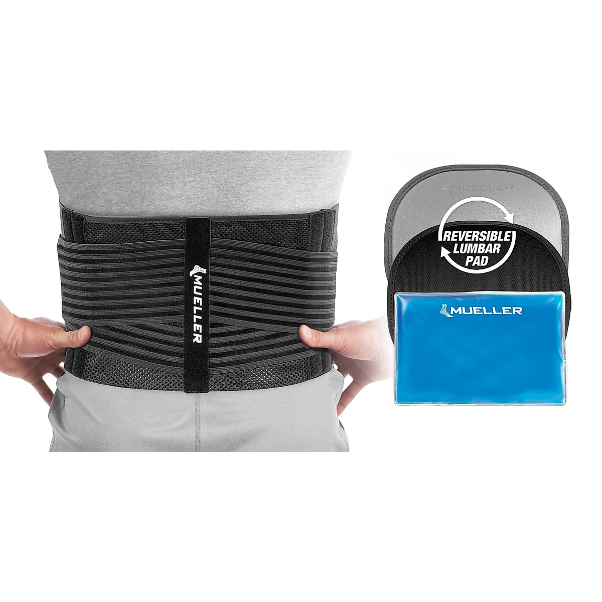 MUELLER Sports Medicine 4-in-1 Lumbar Back Brace with Removable Hot/Cold Pack, for Men and Women, Black, One Size