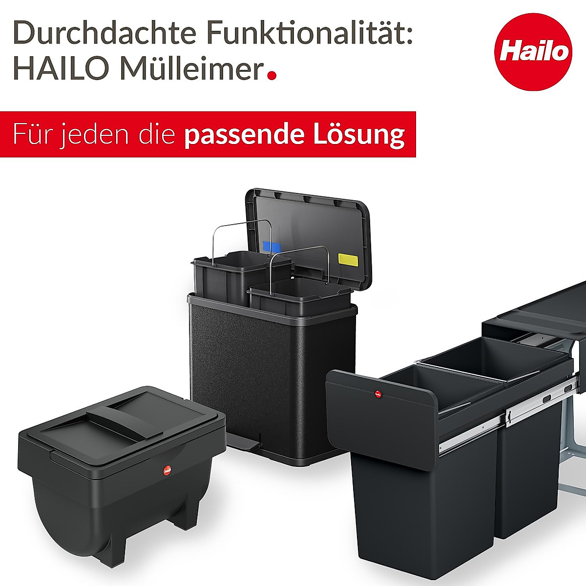 Hailo Compact-Box M Built-in Pull-Out Waste bin | 1 x 15 liters / 4.0 gallons | Lid Lift System | for hinged Door Base cabinets from 15.7 in | Stainless Steel | Made in Germany