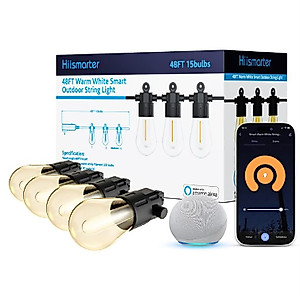 Hiismarter Patio Outdoor Lights, 48ft Smart LED String Lights with Alexa Control, Dimmable and Waterproof for Perfect Balcony, Backyard, Party, Wedding, Christmas and Camping Ambience