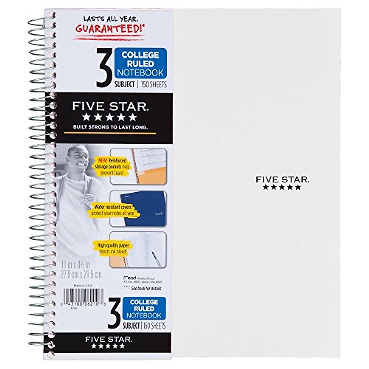 Five Star 06210 Wirebound 3-Subject Notebook, College Rule, 11 x 8 1/2, 150 Sheets, Assorted