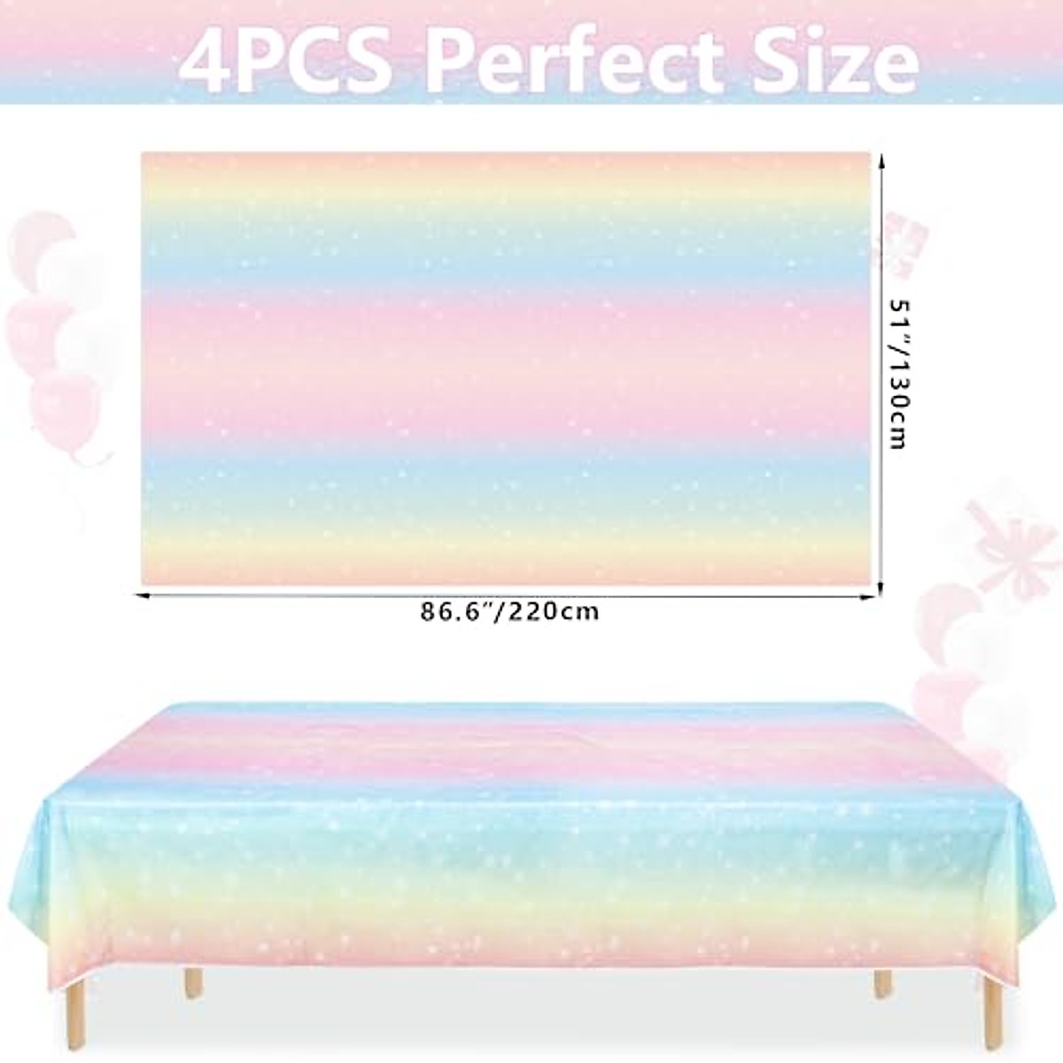 QUERICKY 4 Pack Pastel Rainbow Tablecloths, 51x87'' Plastic Disposable Rectangle Pastel Rainbow Table Cover for Girls Rainbow Birthday Party Decorations Baby Shower Party Supplies