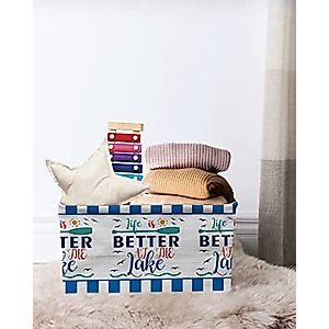 Storage Basket Summer Lake Quote and Seagull Storage Bin with Handles,Blue Stripe on Wooden Plank Collapsible Organizer Storage Cubes Bins for Closet,Laundry Clothes,Bathroom,Nursery Toys