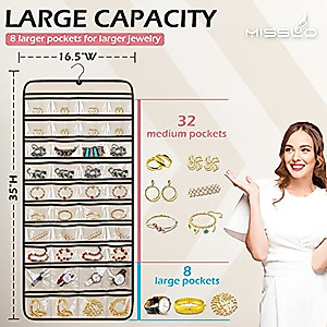 MISSLO Dual-sided Hanging Jewelry Organizer with 40 Pockets and 20 Hook & Loops Closet Necklace Holder for Earring Bracelet Ring Chain with Rotating Hanger, Beige