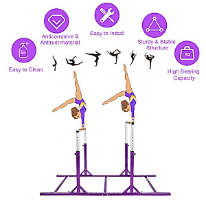 Costzon Double Horizontal Bars, Junior Gymnastic Training Parallel Bars w/11-Level 38-55" Adjustable Heights, 264lbs Capacity, Ideal for Indoors, Outdoor, Home Practice (Purple)