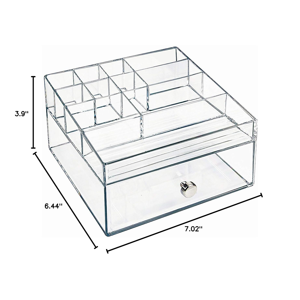 InterDesign Drawers Caja con compartimentos | Caja de maquillaje con 1 cajón y 11 compartimentos | Organizador de maquillaje o artículos de oficina | Plástico transparente