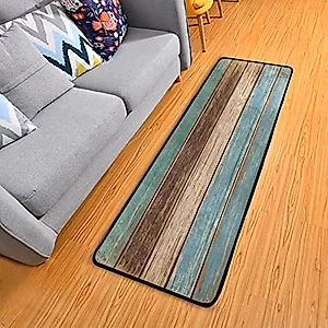 Teal Green Brown Retro Rustic Wood Texture Kitchen Rug Runner Rug Doormat Bath Mat Area Rug Non-Slip Carpet for Kitchen Living Bedroom 72 x 24 Inch