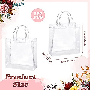 100 Pcs Clear PVC Plastic Gift Bags with Handle Reusable Transparent Bags Plastic Wrap Tote Bags Bulk Heavy Duty Gift Clear Plastic Favors Bags for Wedding Birthday Supplies (7.8 x 3.1 x 7.8 Inch)