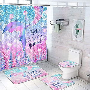Likiyol 4 Pcs Mermaid Shower Curtain Sets with Non-Slip Rugs, Toilet Lid Cover and Bath Mat, Pink Girls Shower Curtain with 12 Hooks, Ocean Shower Curtains for Bathroom