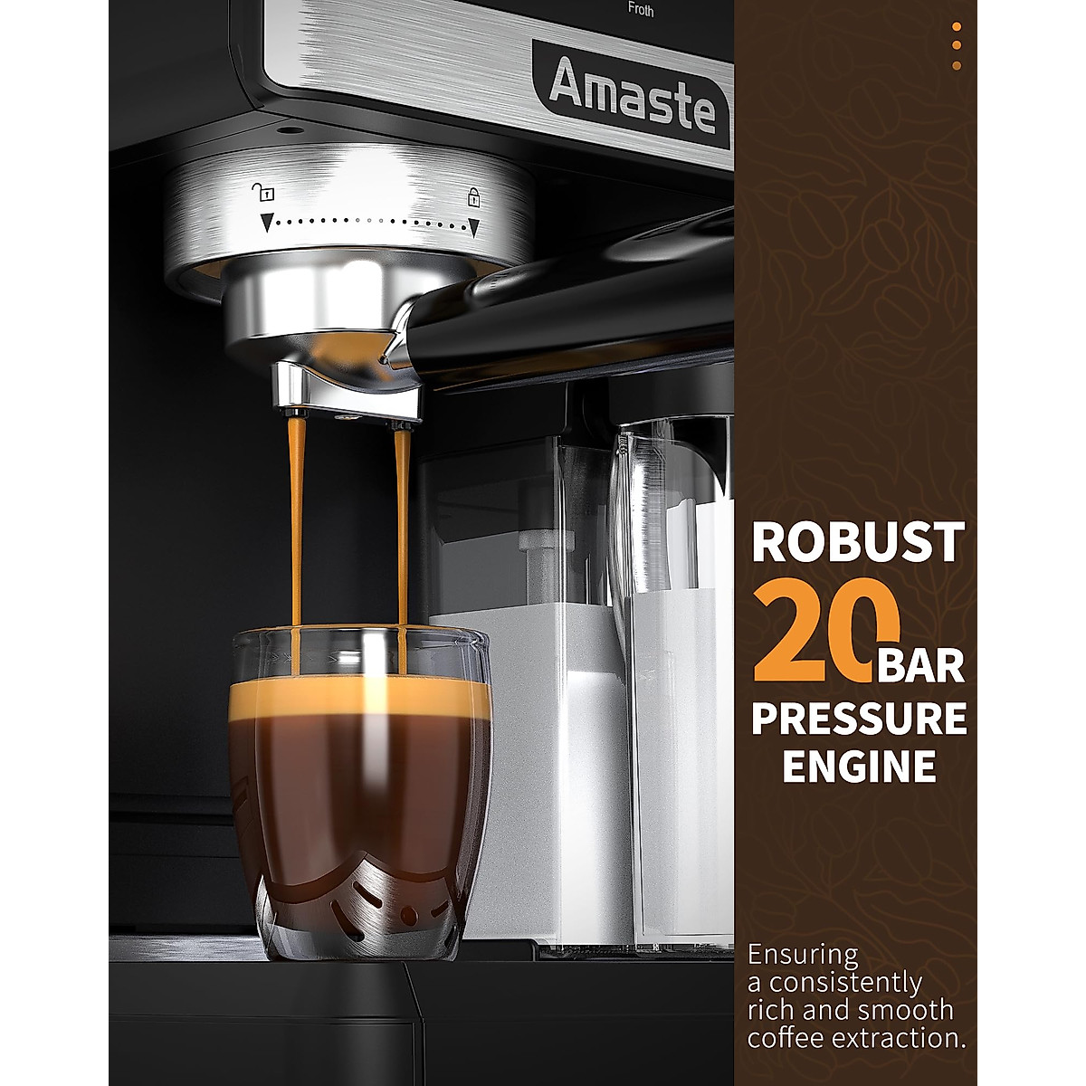 Amaste Espresso Machine, 20 Bar Cappuccino Machine With Touch Screen, Espresso Machine with Milk Frother for Home, 3-in-1 Latte Machine With Milk Tank for Espresso, Cappuccinos & Lattes, 1350W